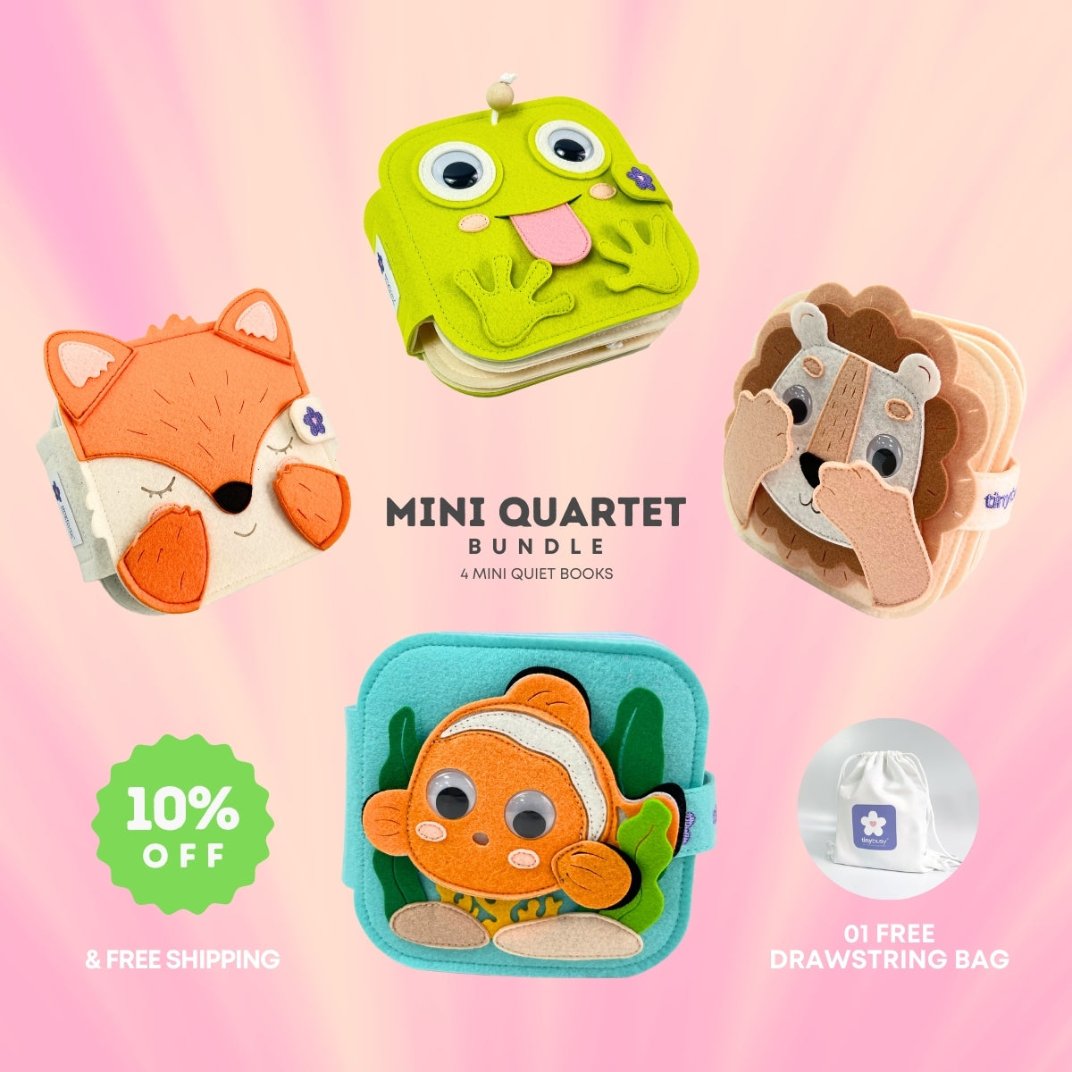 MINI QUARTET BUNDLE - Set of 04 Mini Quiet Books BROWN LION & MELLOW F